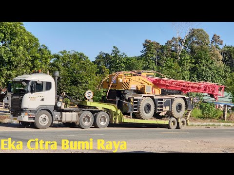 SCANIA R580 MOBILISASI CRANE SANY SRC600C 60 TON MENANJAK GUNUNG KAPUR ...