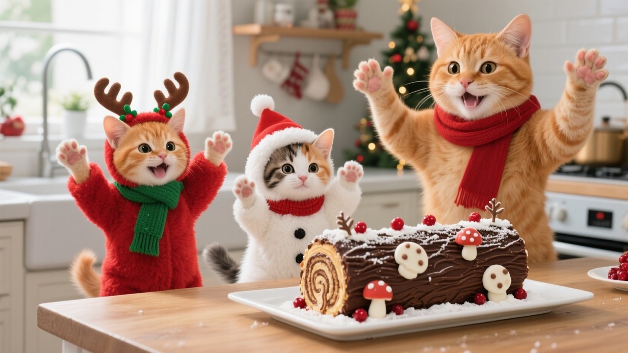 🐱🎄 The Coziest Christmas: Cute Cat Family Bakes Yule Log Cake for ...