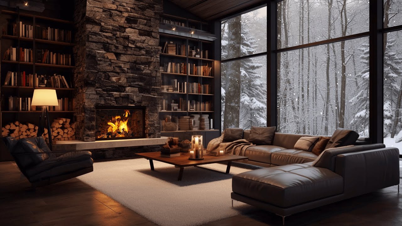 Relaxing Snowfall View by the Fireplace | Cozy Winter Forest Ambience ...