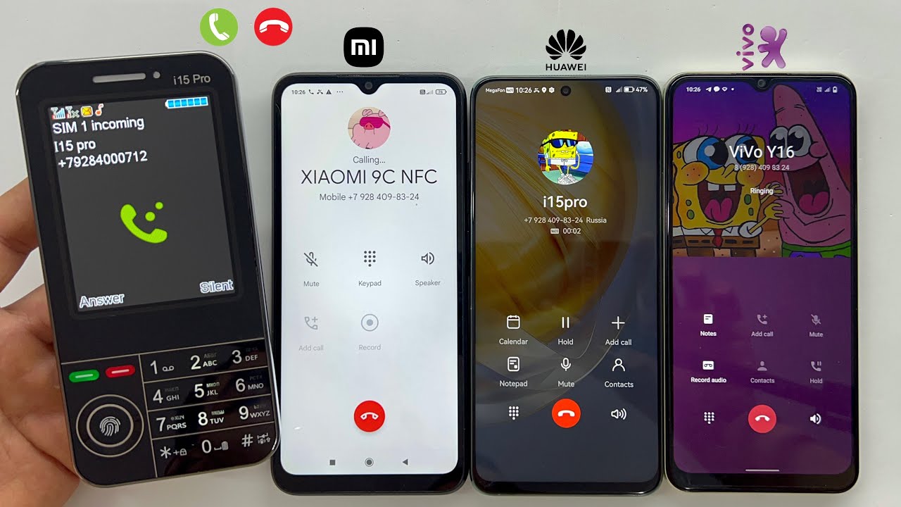 Outgoing Call From i15Pro on XIAOMI 9C + ViVo Y16 + Huawei Nova Y90 ...