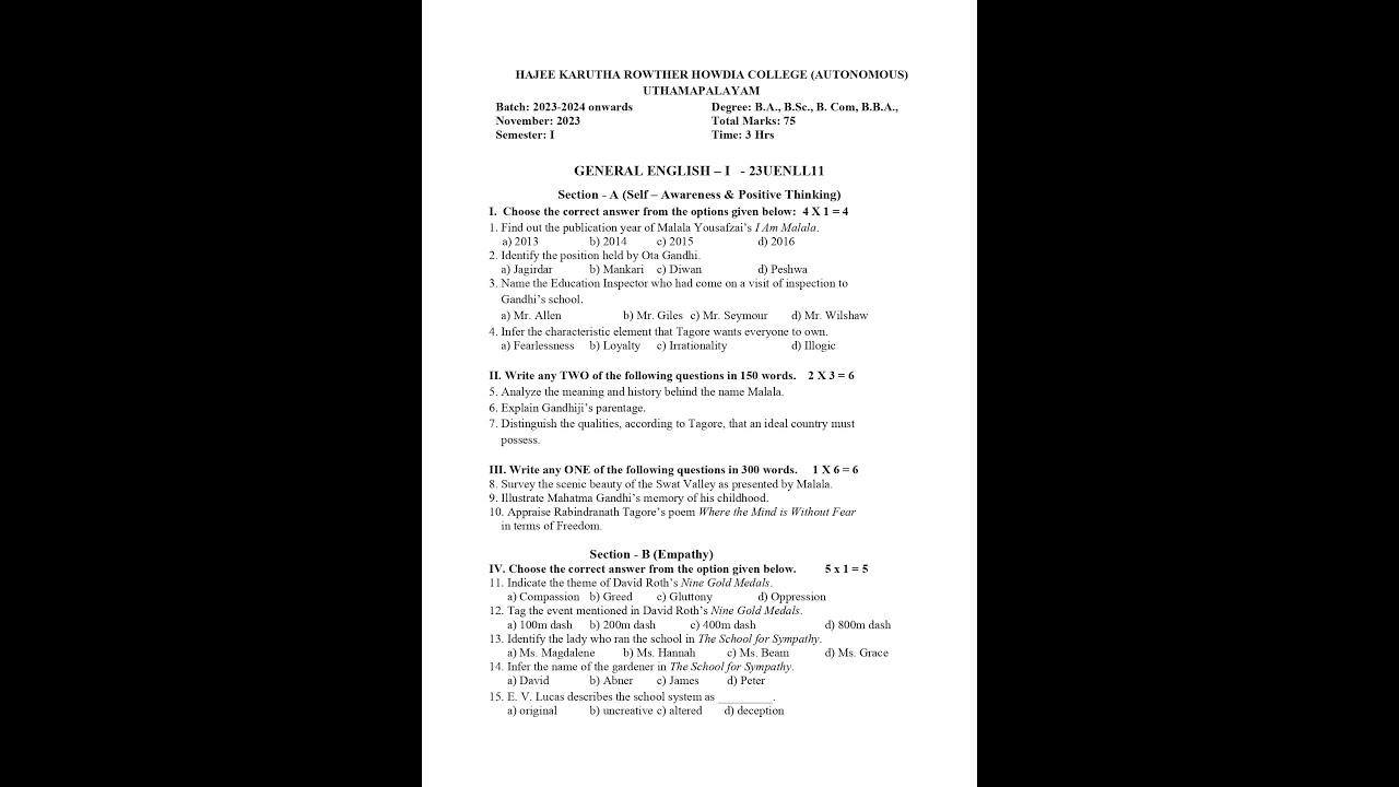 TANSCHE - SEMESTER - I - GENERAL ENGLISH - I - QUESTION PAPER - OBE ...