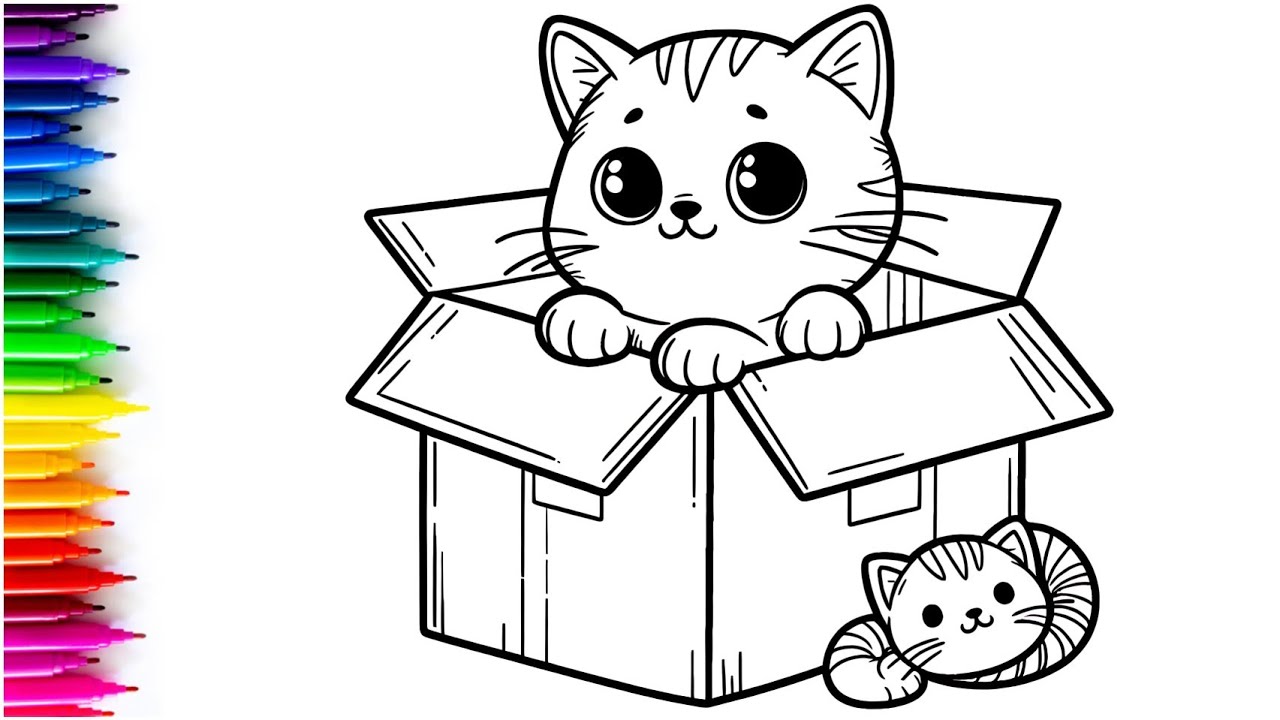 cat peeking out from a Cardboard box drawing and coloring for kids and ...