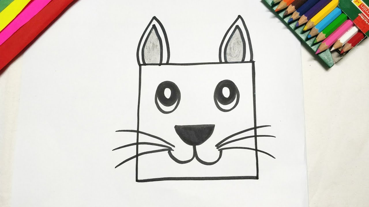 Drawing & coloring Cat from basic shapes Square, How to draw & paint ...