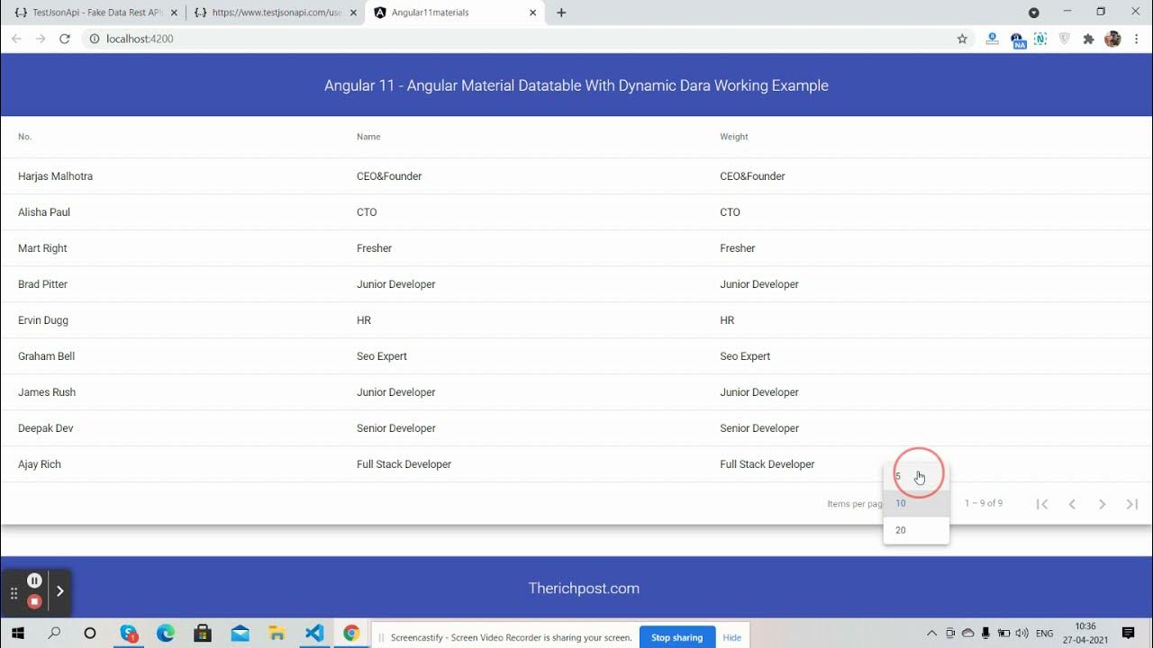 Angular 11 Material Data table with Dynamic Data - YouTube