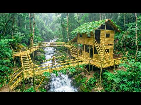 How to build bamboo house on the waterfall, cliff, mountain, dangerous forest | by@BushcraftSatyr​