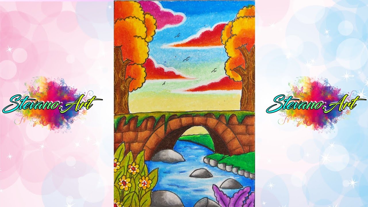 CARA MENGGAMBAR DAN MEWARNAI GRADASI || PEMANDANGAN #sungai #jembatan # ...