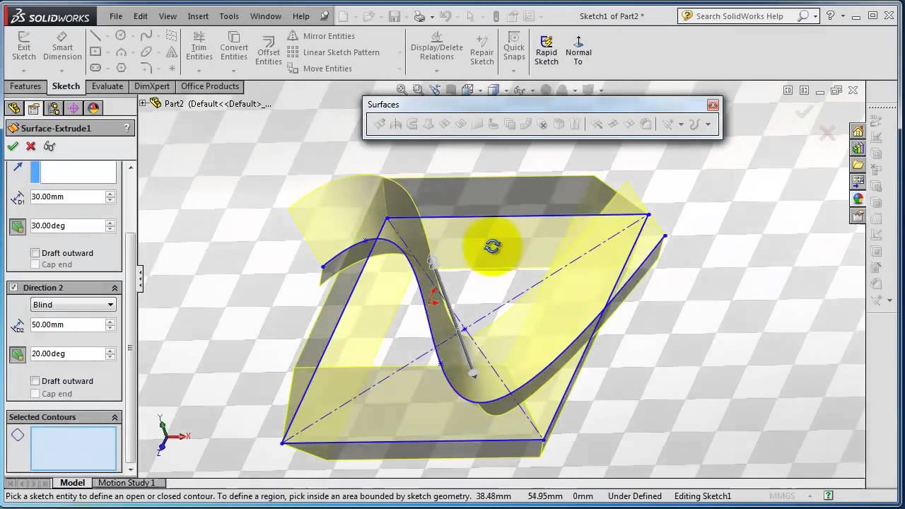 68 SolidWorks 2014 Surface Tutorial Extruded contours surfaces - YouTube
