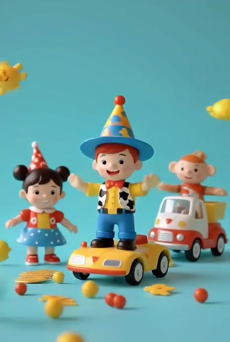 In a cute animated toy style, a playful group of figurines celebrates a ...