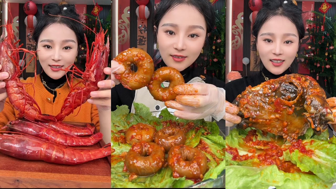 Mukbang Challenge:Eat red devil shrimp🍤 roll🥐sheep intestine belly boil ...