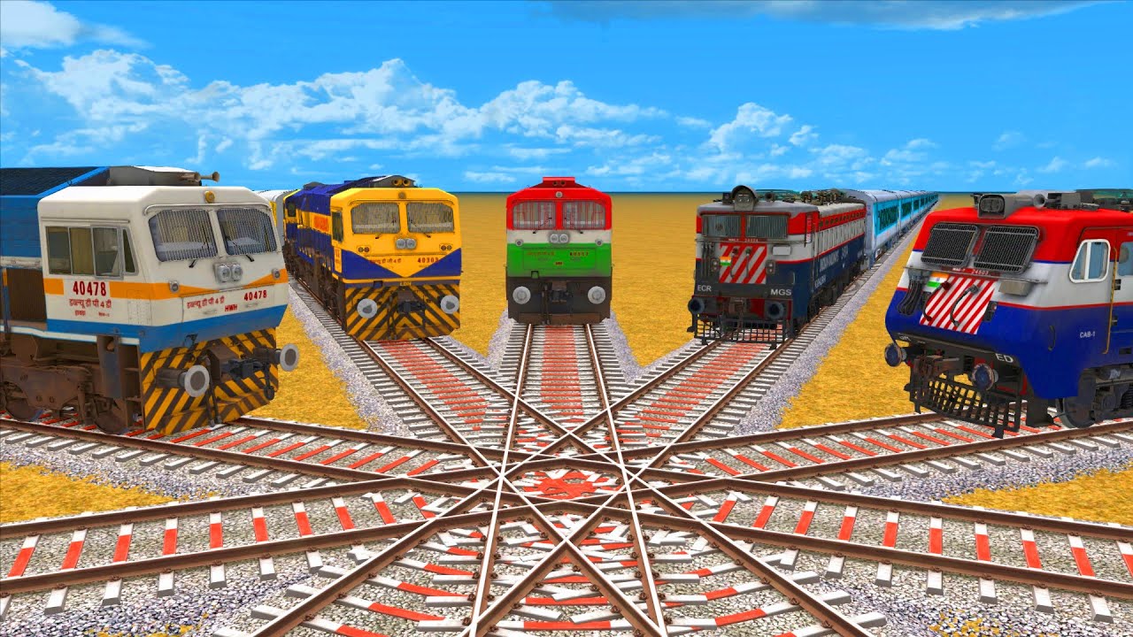 5 TRAINS CROSSING ON CRAZY FORKED CRISS-CROSS RAILROAD TRACKS #25 Train ...