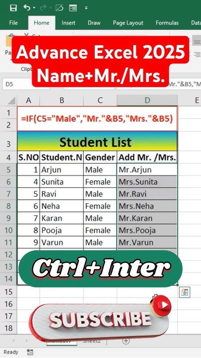 In Excel Add Name With Mr./Mrs. || Advance Excel If Formula Use And Add Mr./Mrs. # Excel # ...