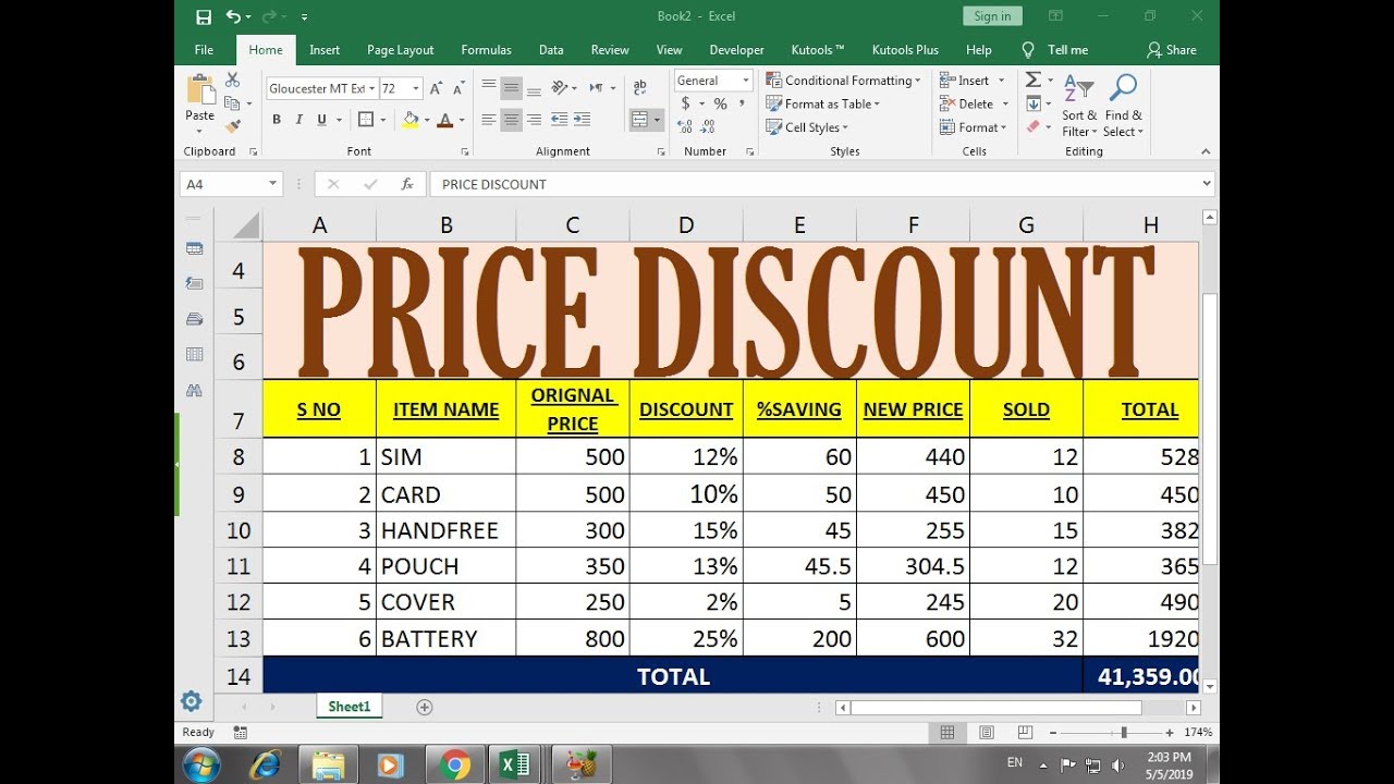  288 How TO Calculate Discount And Sold Item Reocord In Excel Hindi