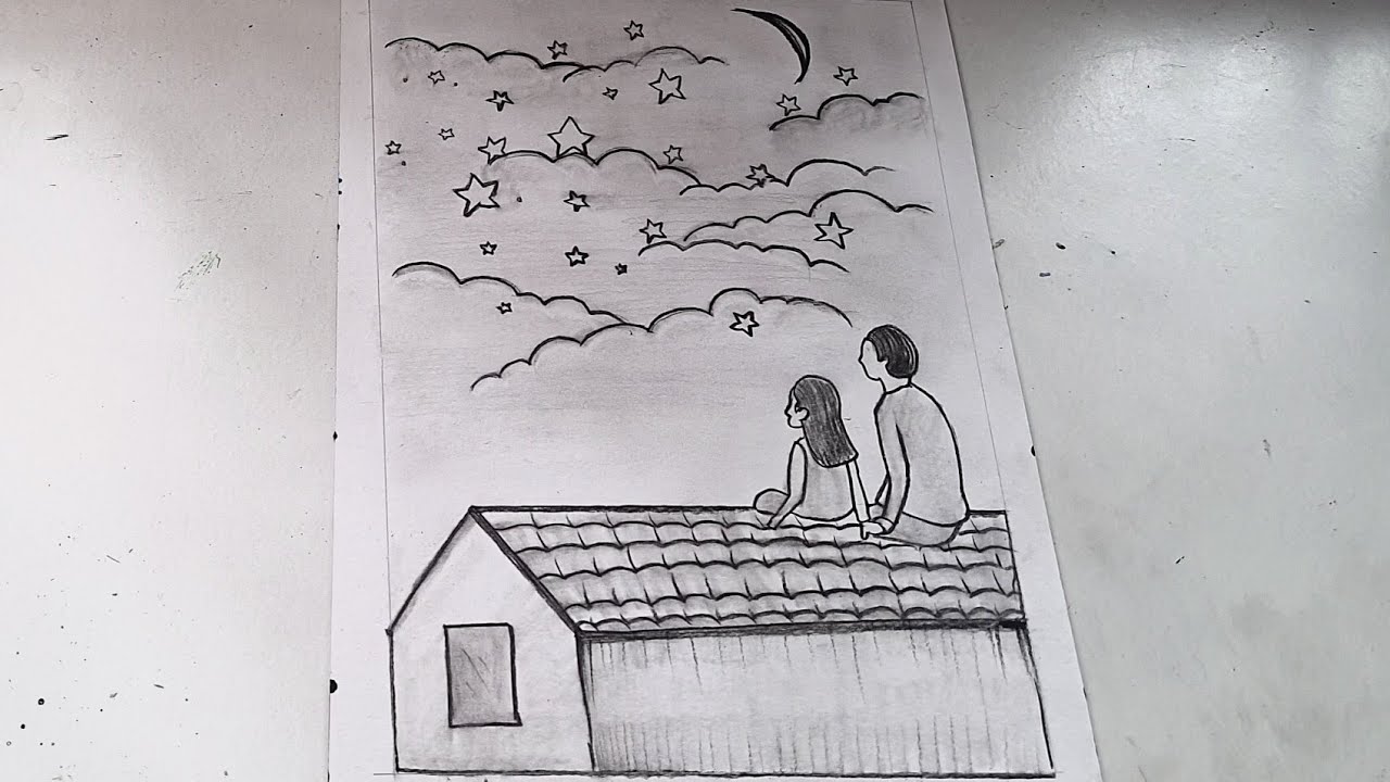 How to draw a scenery of couple sitting at night with pencil | scenery ...