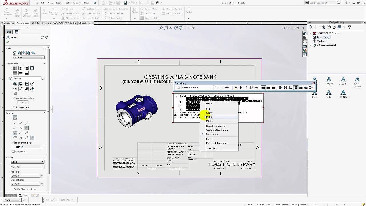 SOLIDWORKS 2016 - Flag Note Bank Part II - Creating and Modifying a ...