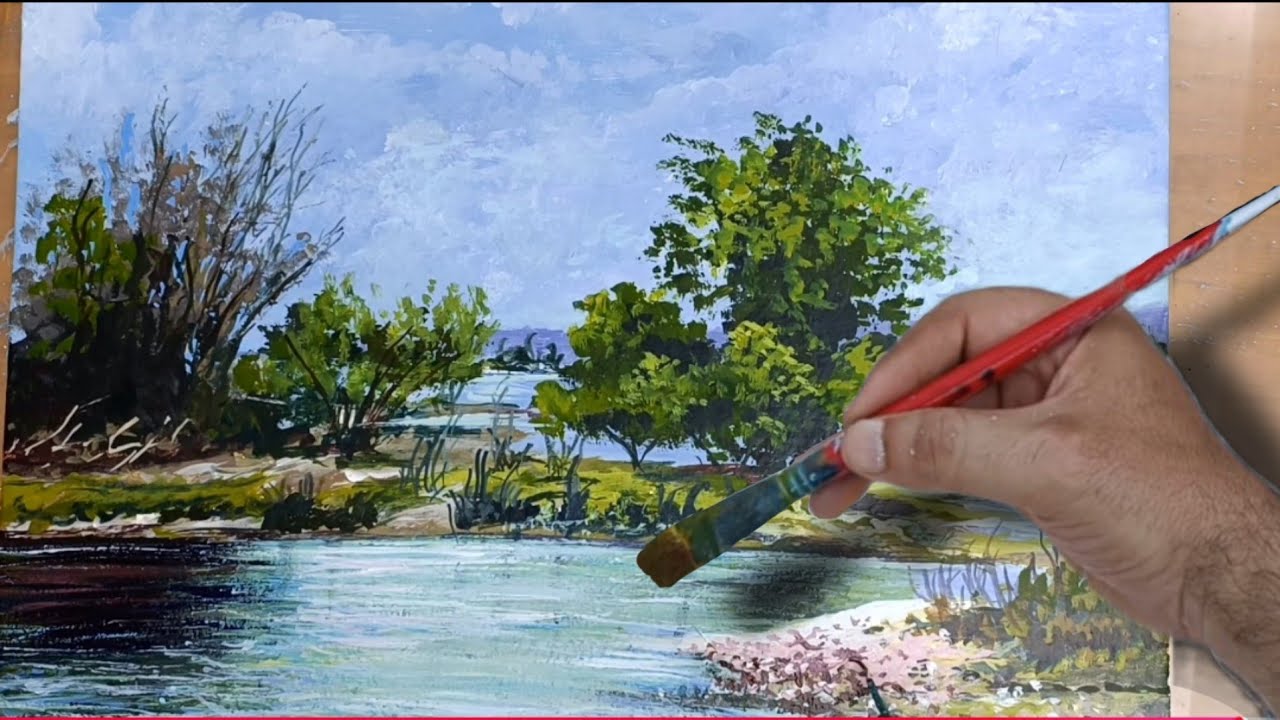 How to draw a landscape painting /#64 Draw distant trees, sky and lake ...