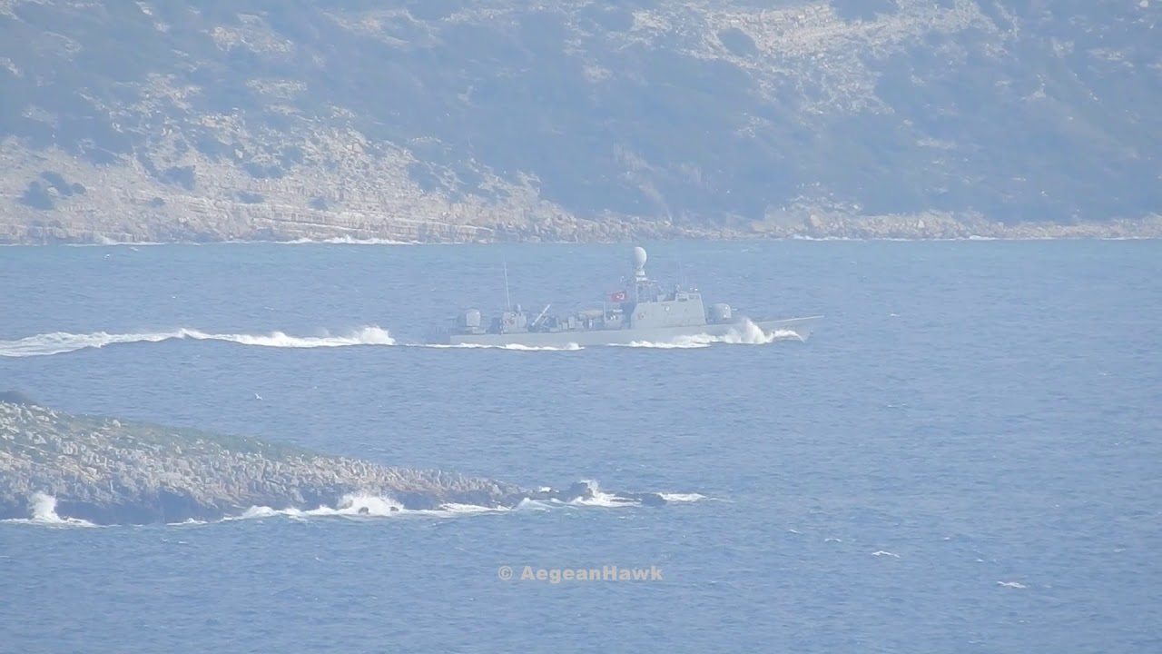 Turkish Navy TCG Dogan P 340 southbound Chios Strait in east Aegean Sea ...