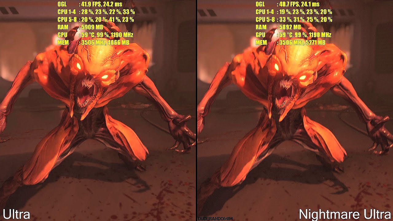 Doom 4K Nightmare Ultra Vs Ultra Graphics | Frame Rate | VRAM ...