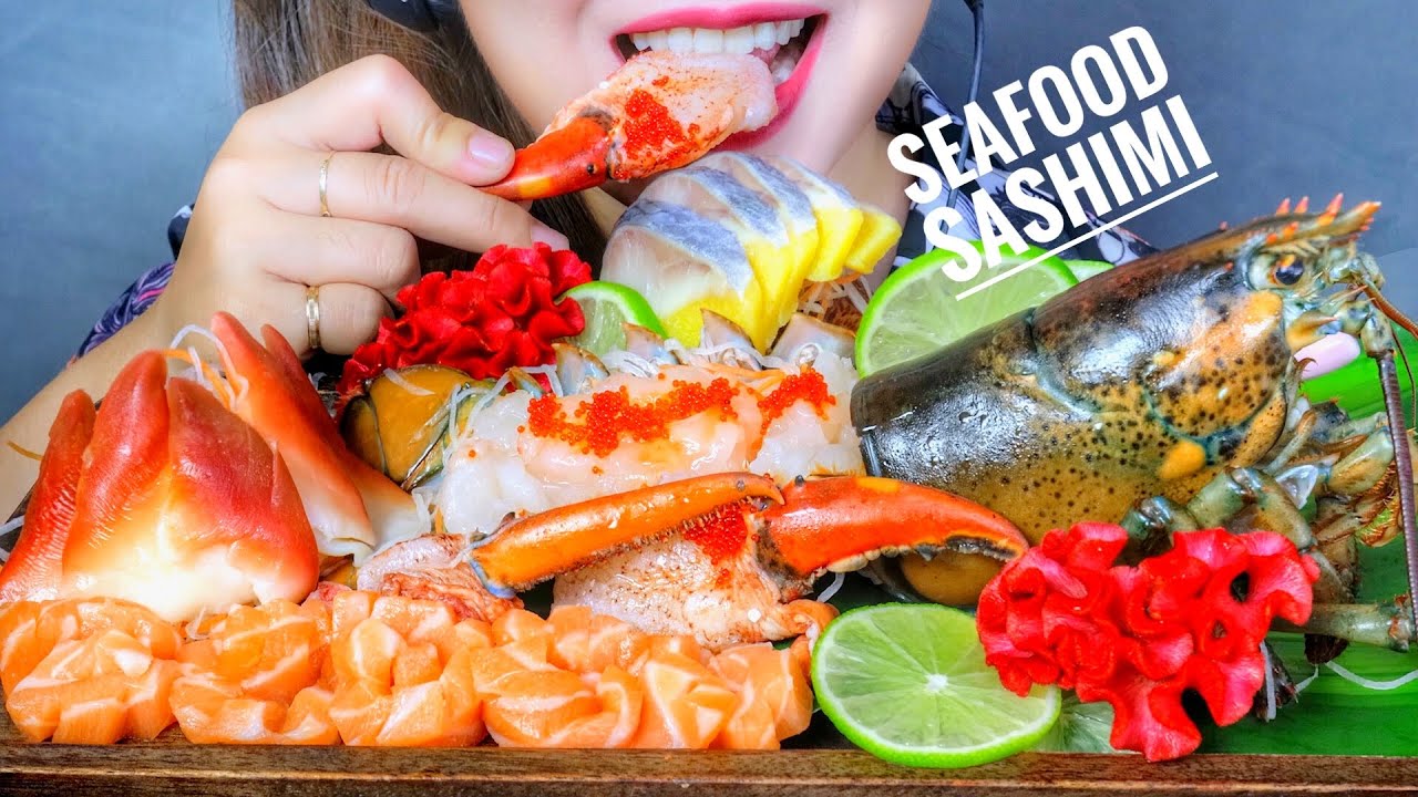 ASMR SEAFOOD SASHIMI (RAW LOBSTER , RED OYSTERS, RAW SALMON ) EATING ...
