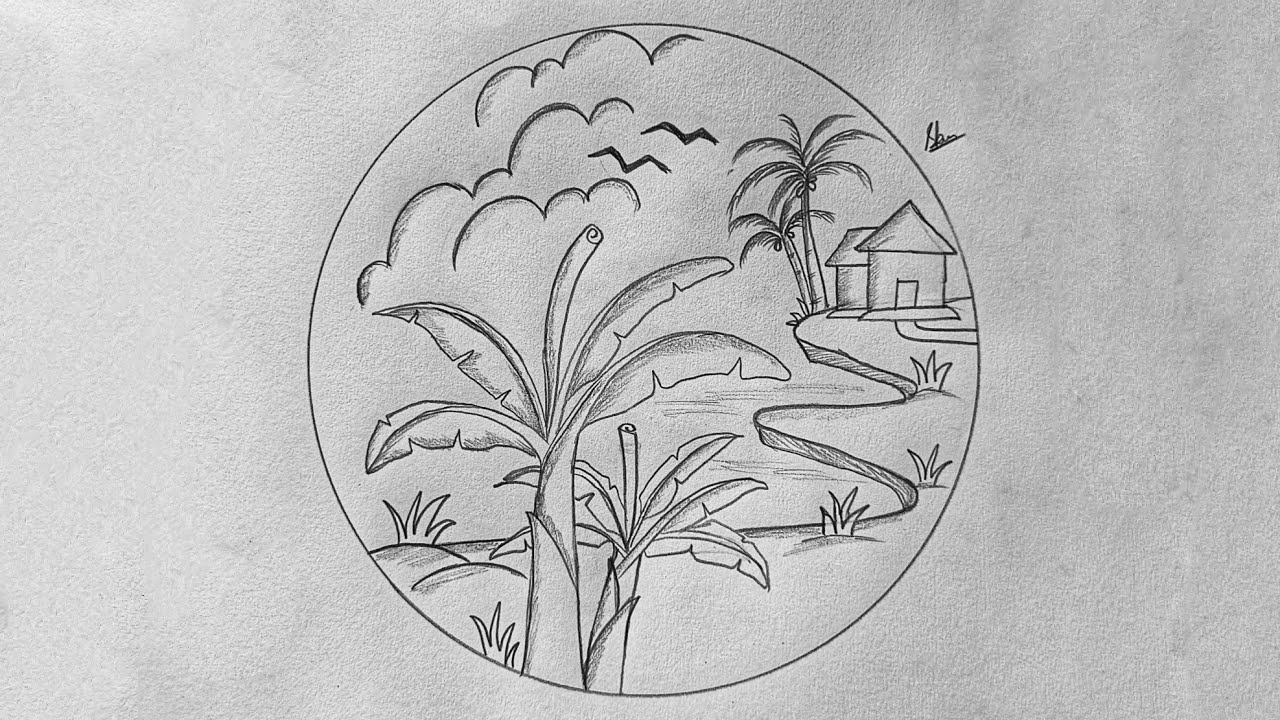 simple natural view drawing. pencil drawing. - YouTube