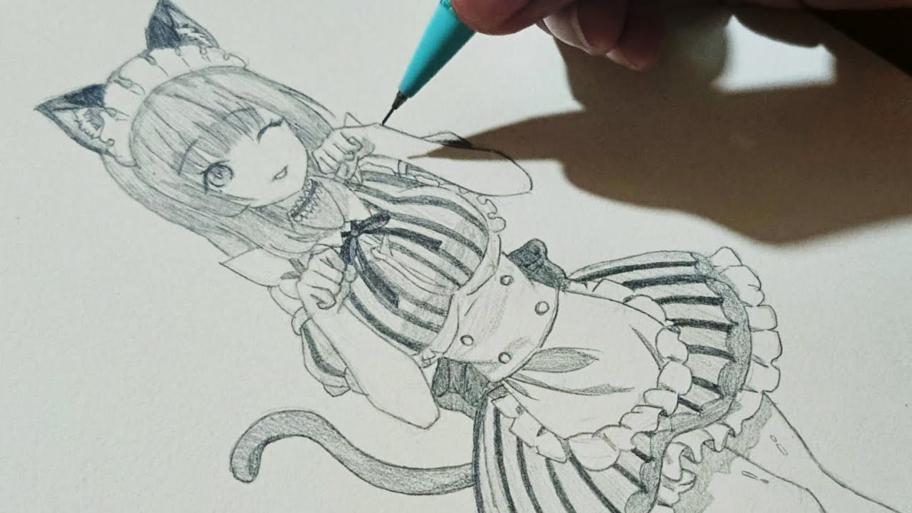 Draw with a pencil : Draw a girl wearing cat maid outfit - YouTube