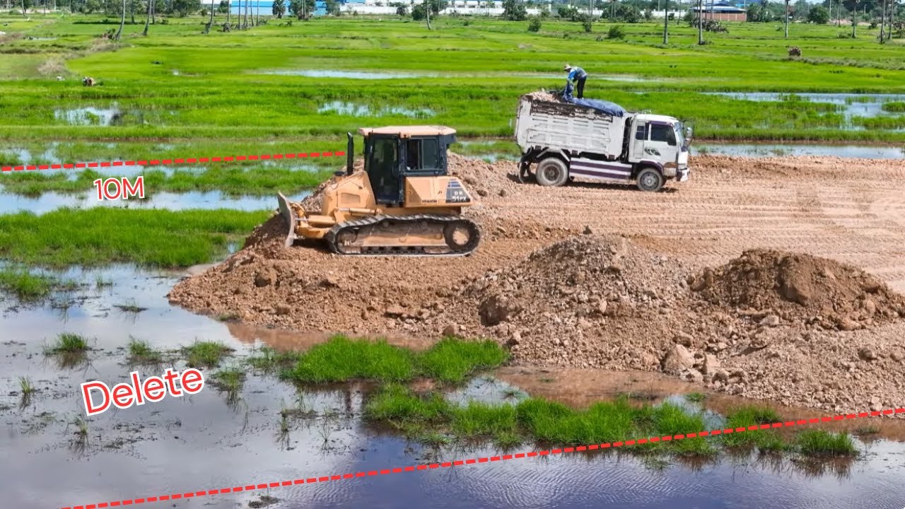 New Action Dozer Komatsu D51 PX Pushing stone Construction on the rice field - YouTube