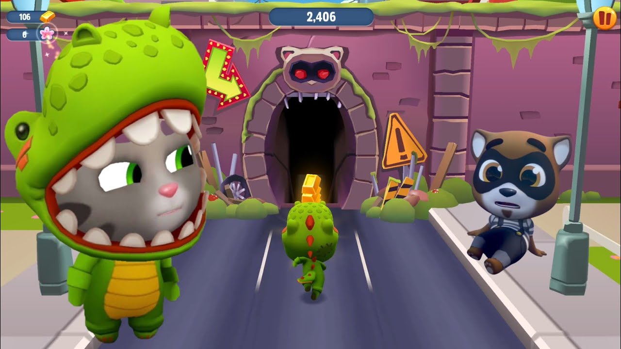 Talking Tom Gold Run Dino Tom vs Raccoons Boss in Under Tunnel Full ...