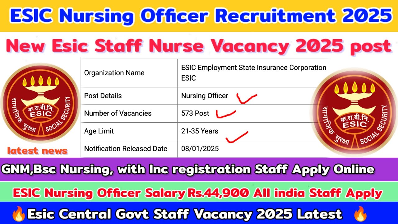 Esic Nursing Officer Vacancy 2025,Esic Staff Nurse Vacancy,Esic Nursing ...