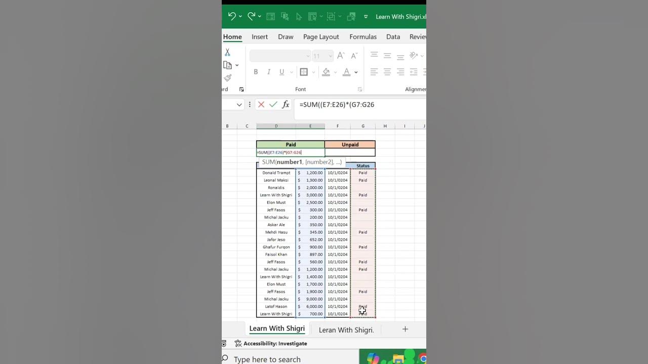 Paid and unpaid amount in MS Excel dynamically #exceltech #microsoftexcel #exceltips # ...