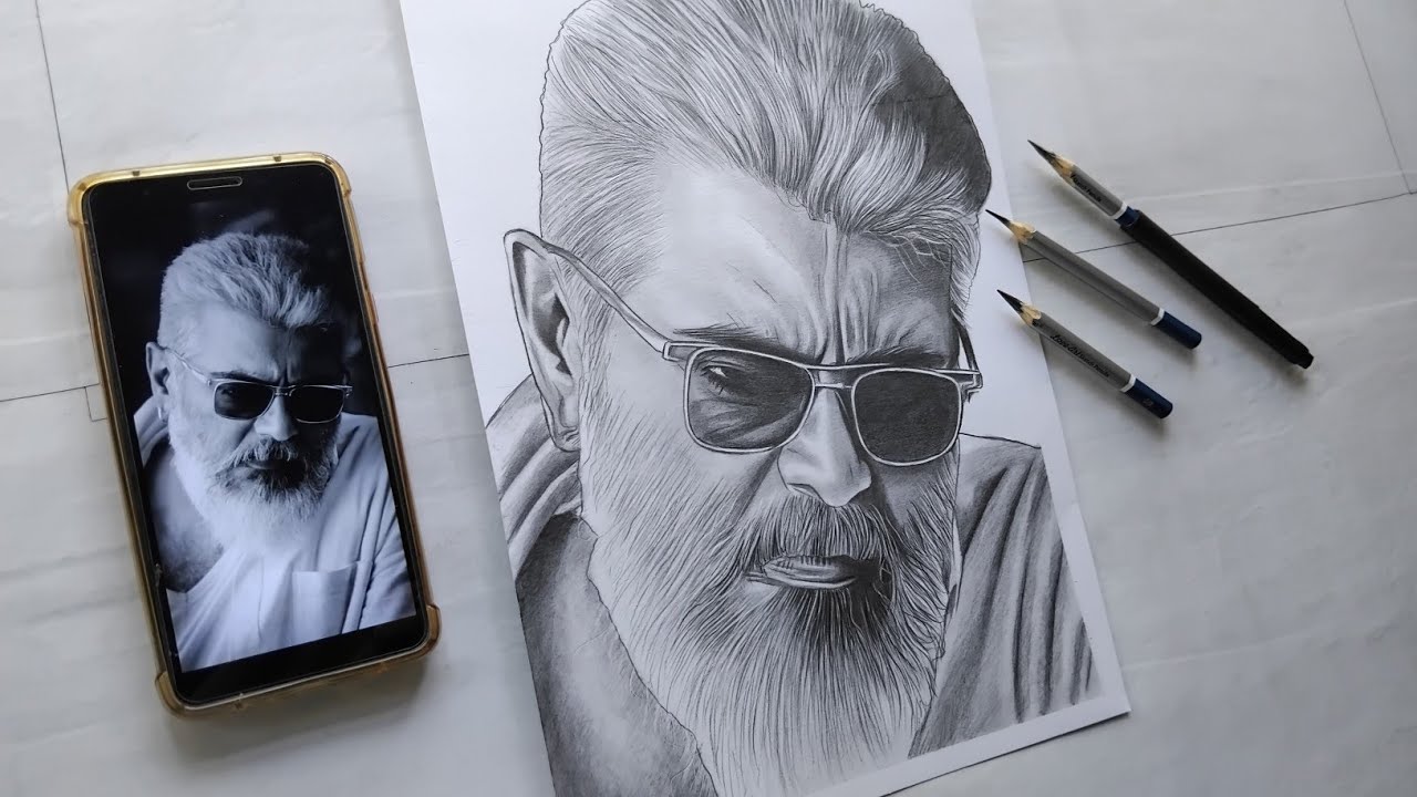 South Actor Ajith Kumar drawing, Step by step, Shading Tutorial - YouTube