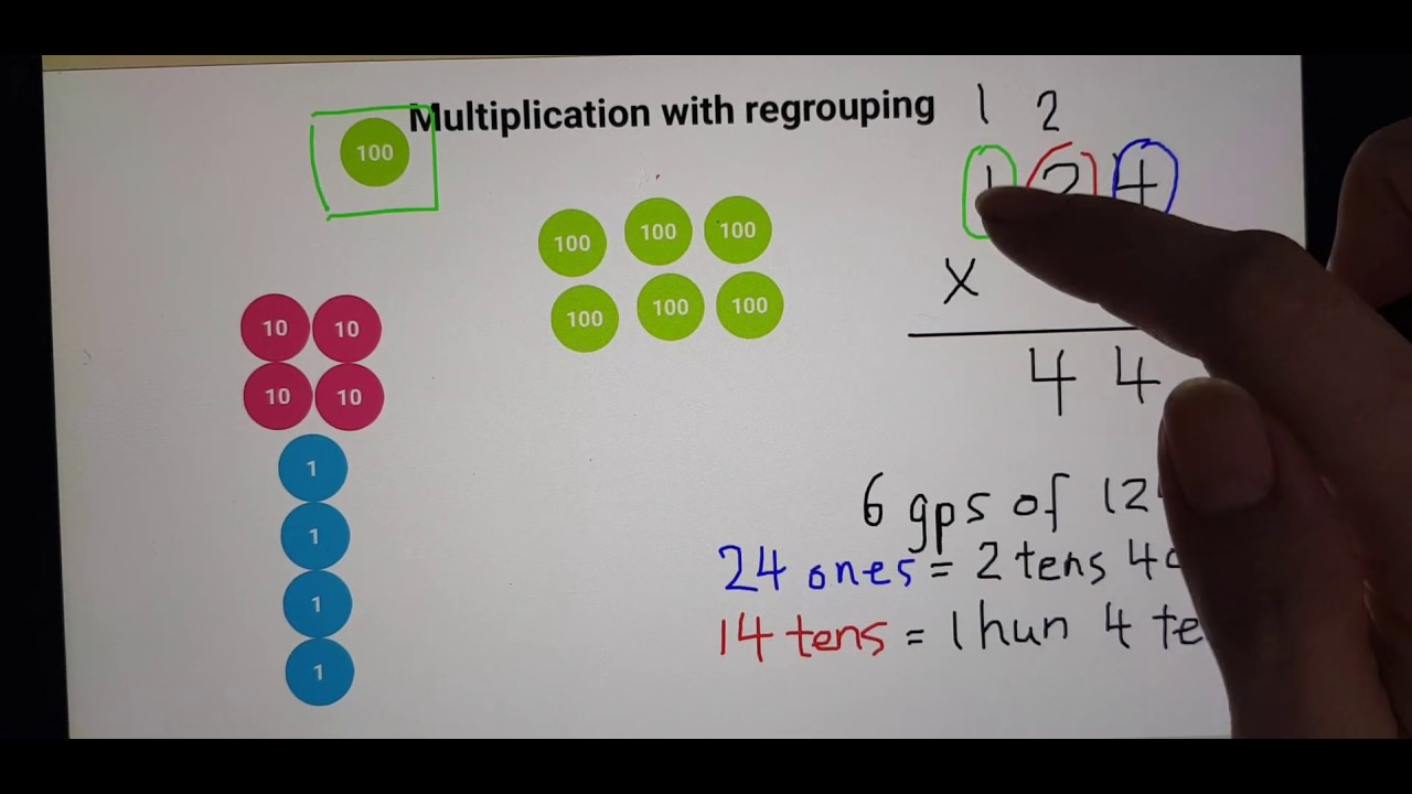 Multiplication with Regrouping (3 digit by 1 digit) - 124 x 6 - YouTube