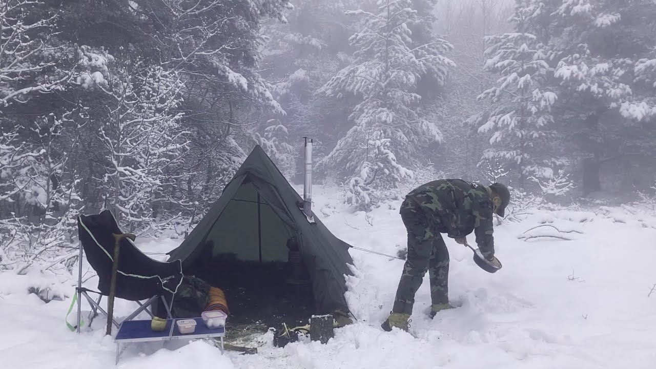 -20°C Winter Hot Tent Camping In Deep Snow - Snow Storm - Bushcraft ...
