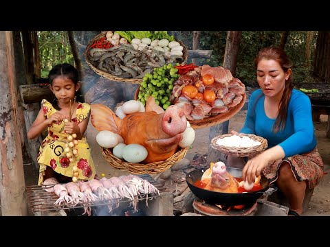 Boiled pig head curry with egg so tasty-Grilled squid for dinner-Ovary ...