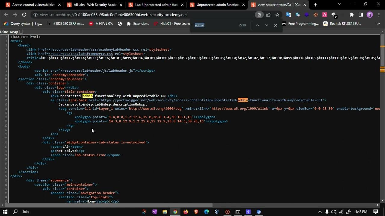 Unprotected admin functionality with unpredictable URL | Portswigger | Access control Lab 2 ...