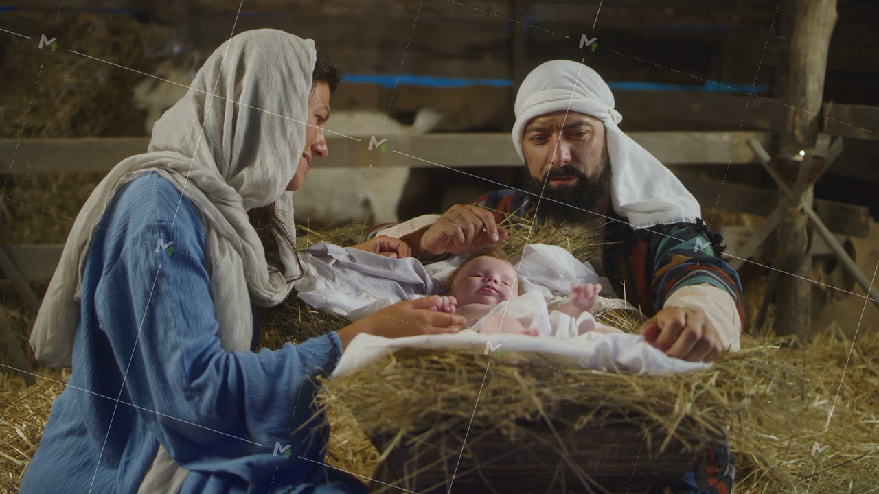 Mary and Joseph taking care of baby Jesus in inn stable - YouTube