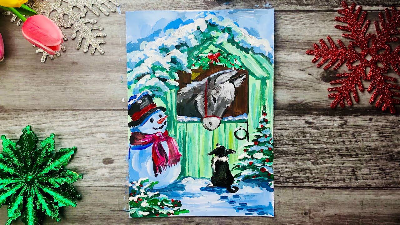 ОСЛИК • Как нарисовать новогодний рисунок • Зима, Елочка, снеговик ...