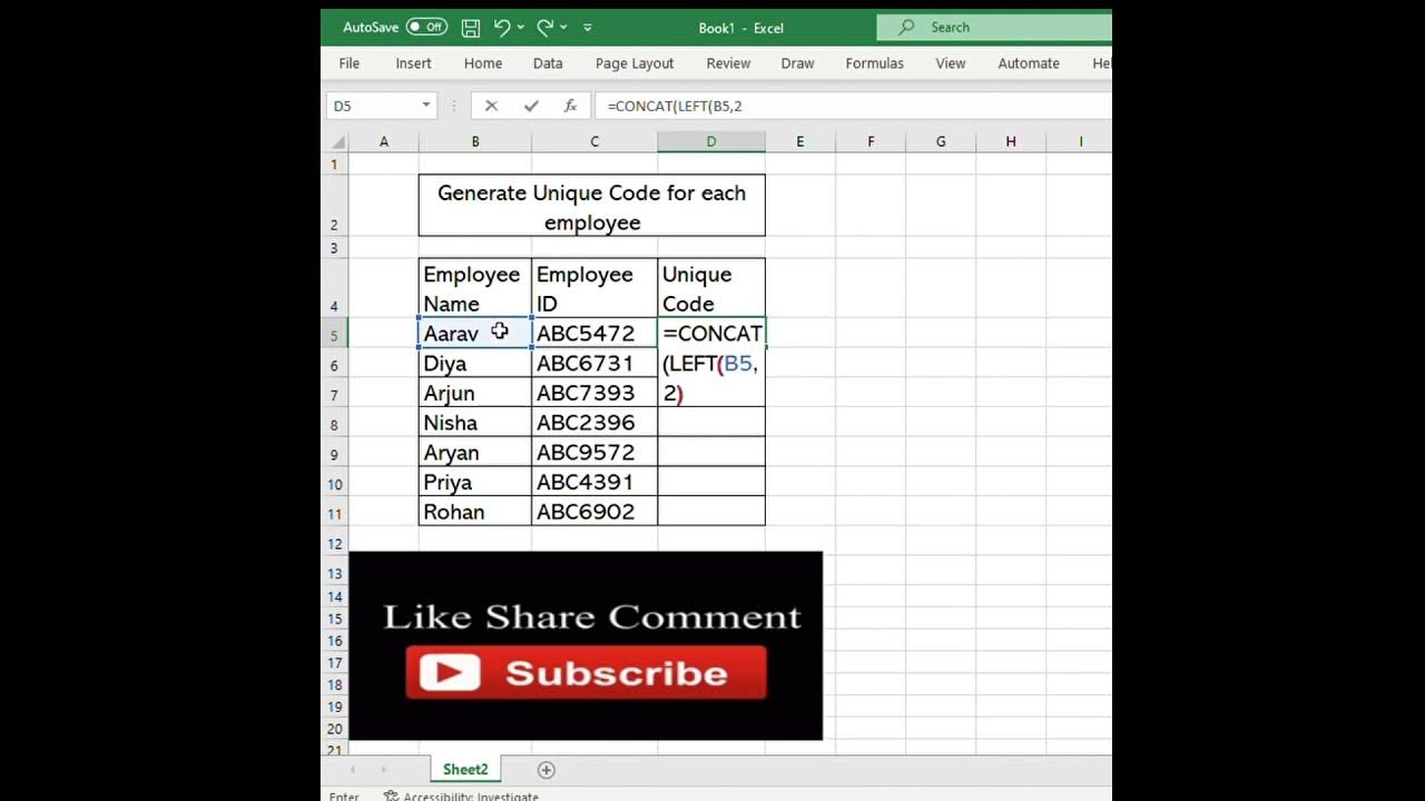 Generate Unique Code With Simple Formula Shortfeed Excel Shortfeed Excelformula Youtube