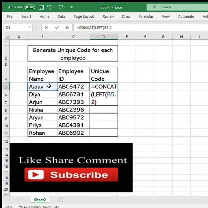 Generate unique code with simple formula #shortfeed #excel #shortfeed #excelformula - YouTube