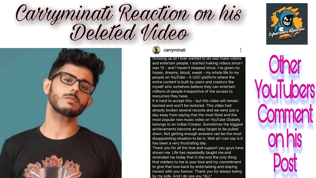 Carryminati Reaction on his Deleted Video & other Creators Comment on ...