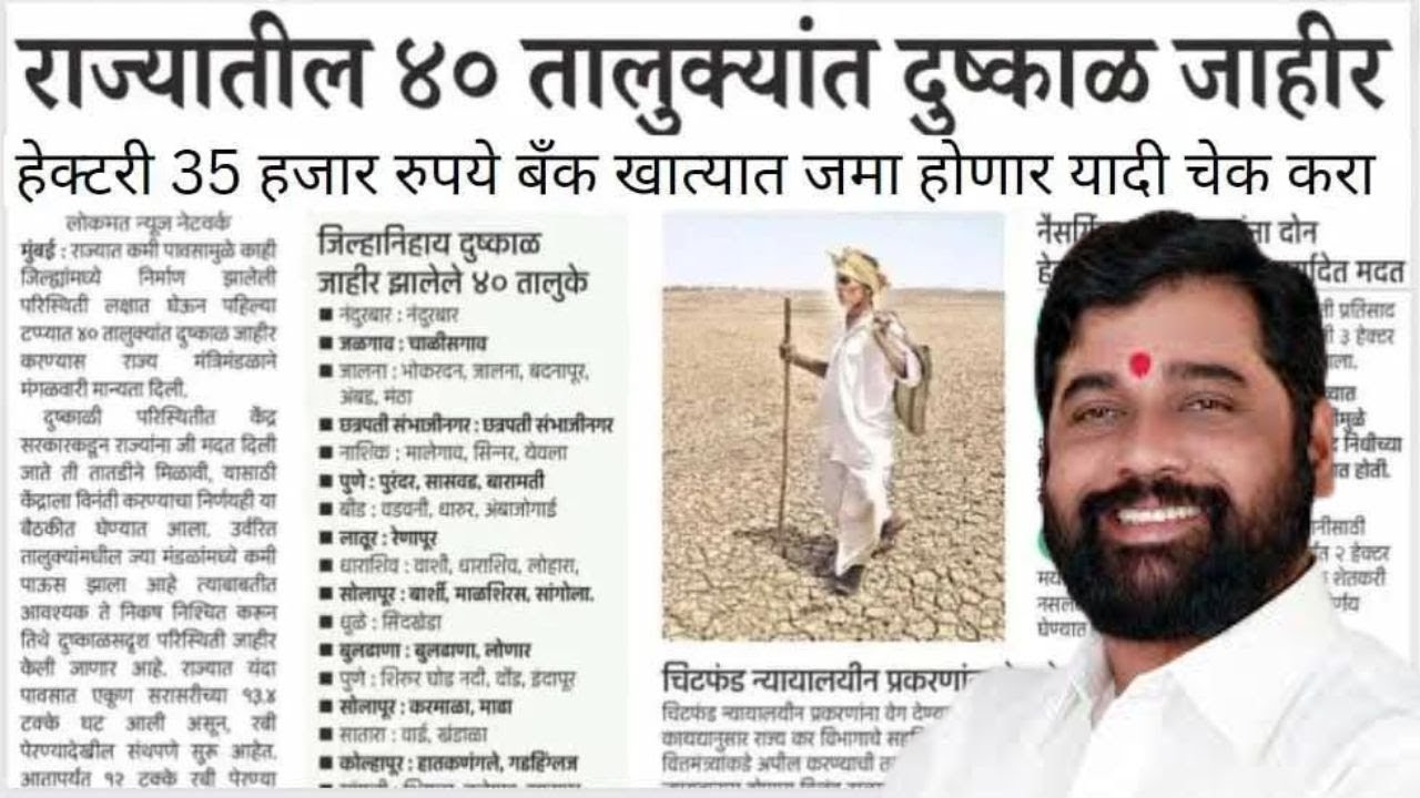 ४० तालुक्यामध्ये दुष्काळ जाहीर हेक्टरी मिळणार २२५०० रुपये यादीत नाव पहा ...