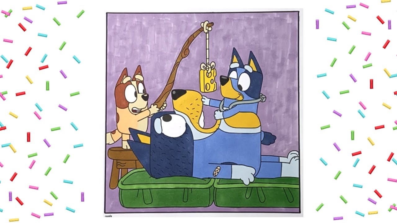 Coloring Bluey, Bingo and Bandit Eating Cheese/Coloring Page with ...