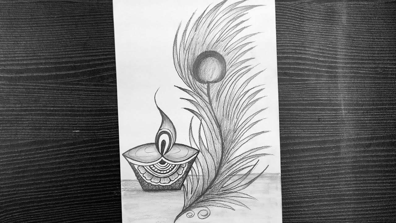 Beautiful Diya Drawing Easy || Peacock Feather Drawing || Diwali ...