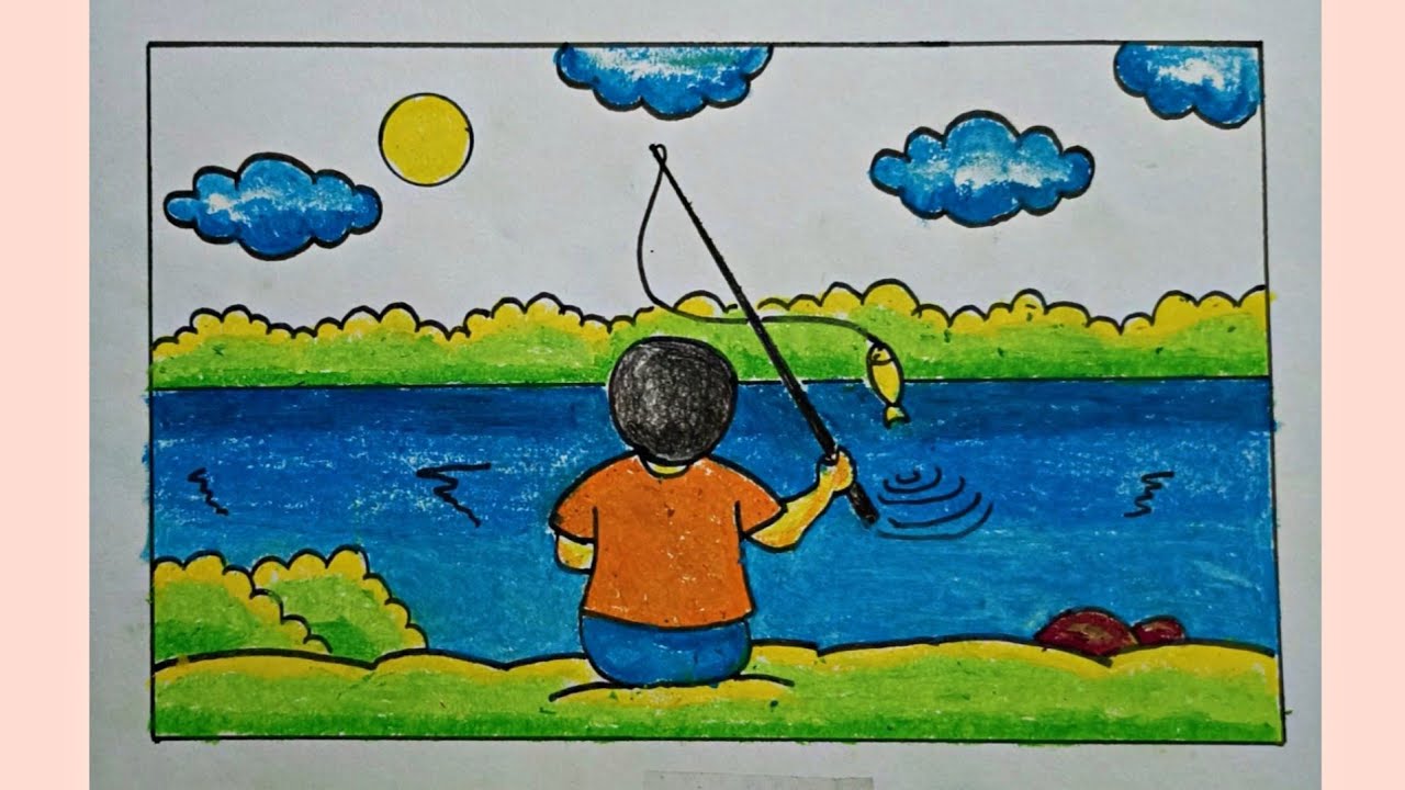 Fishing Drawing | How to draw fishing scenery drawing - YouTube