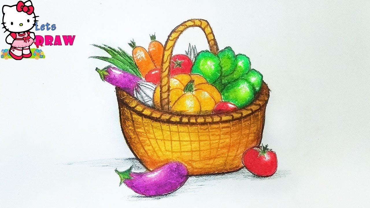 Draw Vegetables basket / How to draw Vegetables basket step by step ...