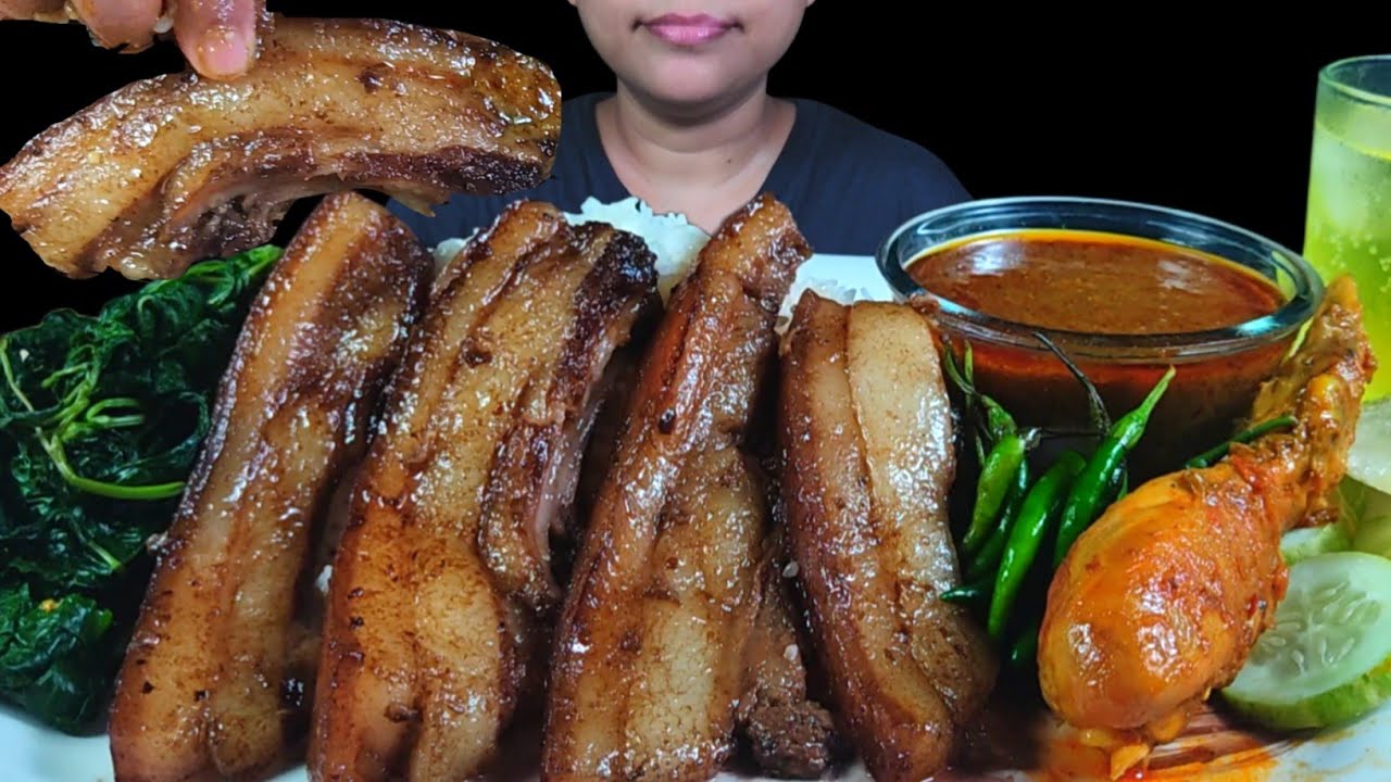 ASMR EATING BRAISED PORK BELLY WITH RICE, CHICKEN LEG PIECE, CHILI PORK ...