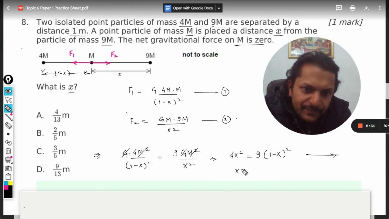 Two isolated point particles of mass 4M and 9M are separated by adistance 1 m. A point particle ...