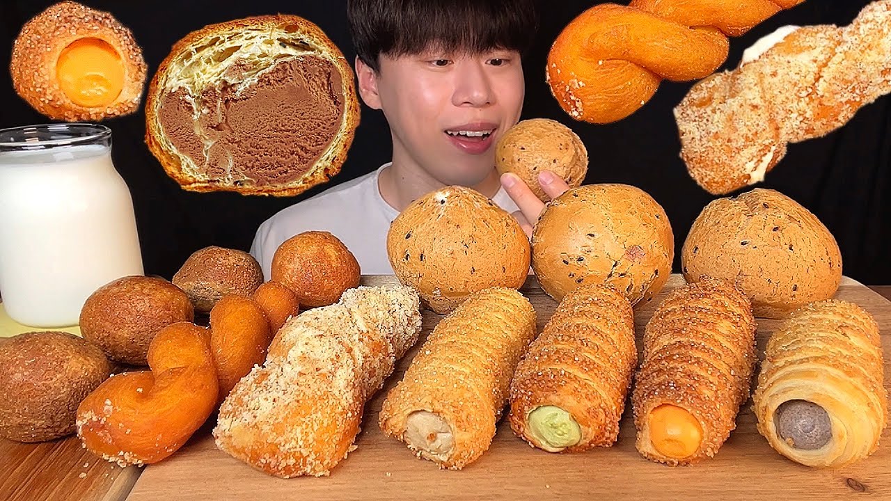 Sub 크림 깨찰빵 크림 코르네 파이 꽈배기 찹쌀 도넛 먹방 옛날 빵들 너무 좋은데 크림이 듬뿍 안먹을수 없지 고소하고 달달하고 아주 쫄깃한 빵 Asmr