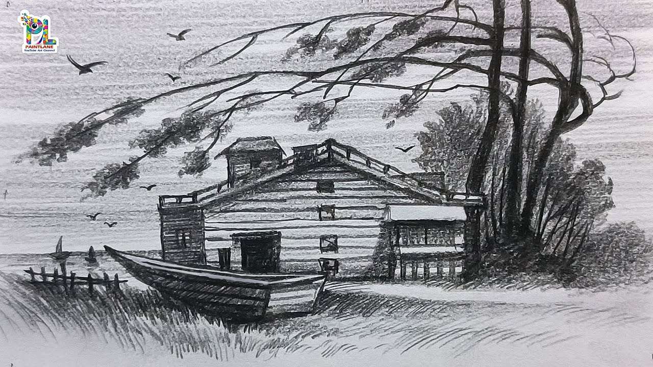How to draw house in windy sea landscape art | Pencil Art - YouTube
