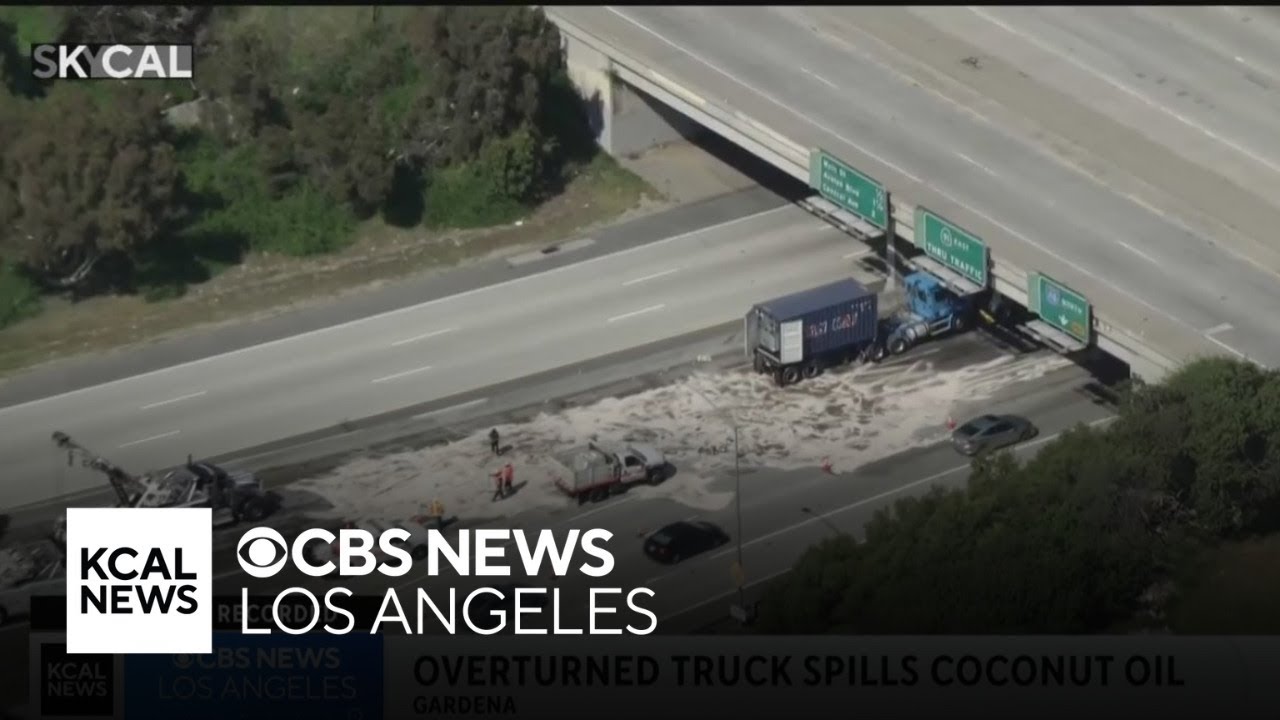 Overturned big rig spills coconut oil onto 110 Freeway in Gardena - YouTube
