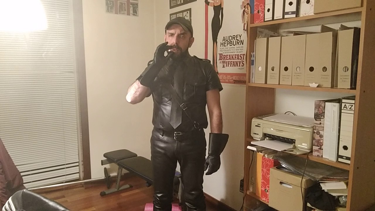 Quick smoke in full leather gear - YouTube