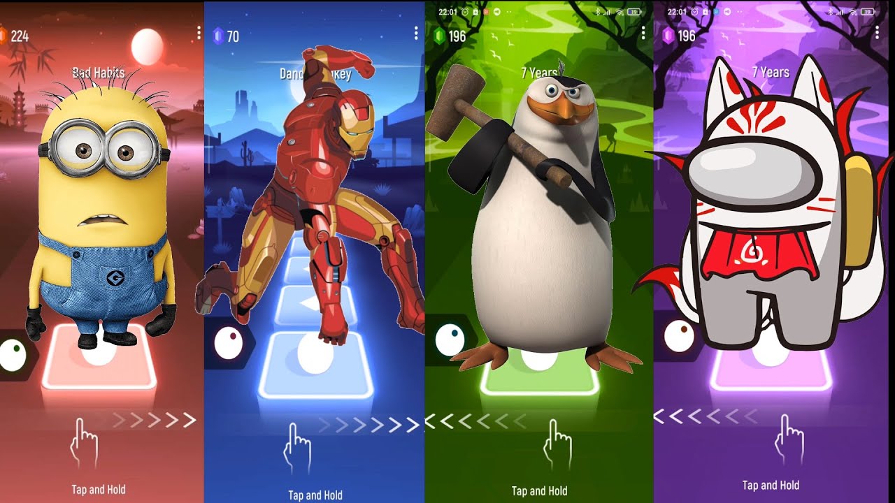 Tiles Hop - Minions vs Iron Man vs Rico "The Penguins of Madagascar" vs ...